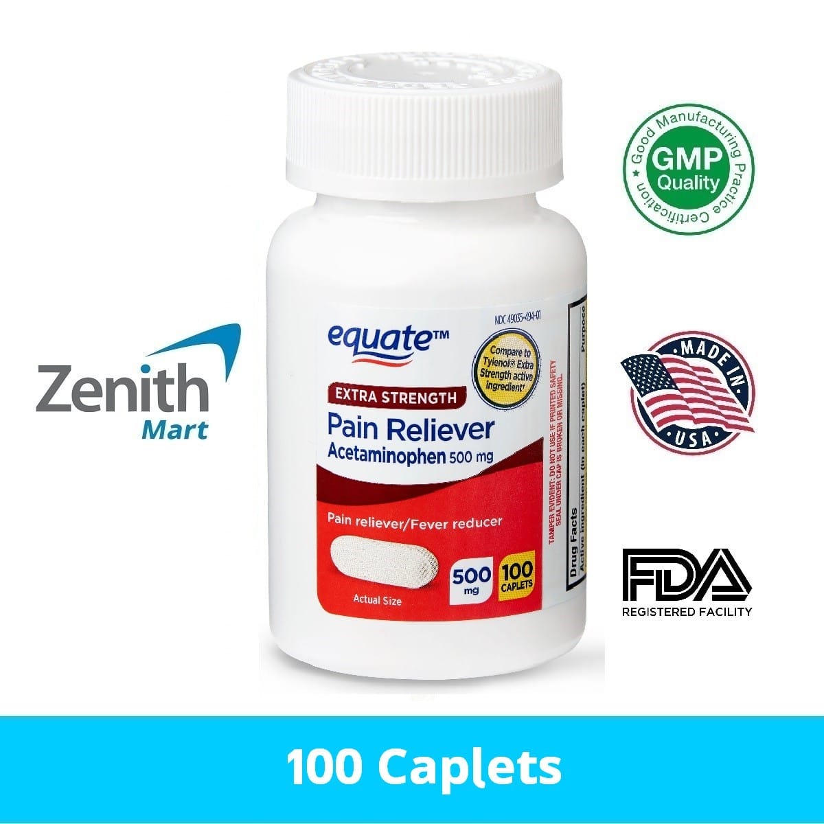 Equate Extra Strength Pain Relief Acetaminophen 500 mg – 100 Caplets ...