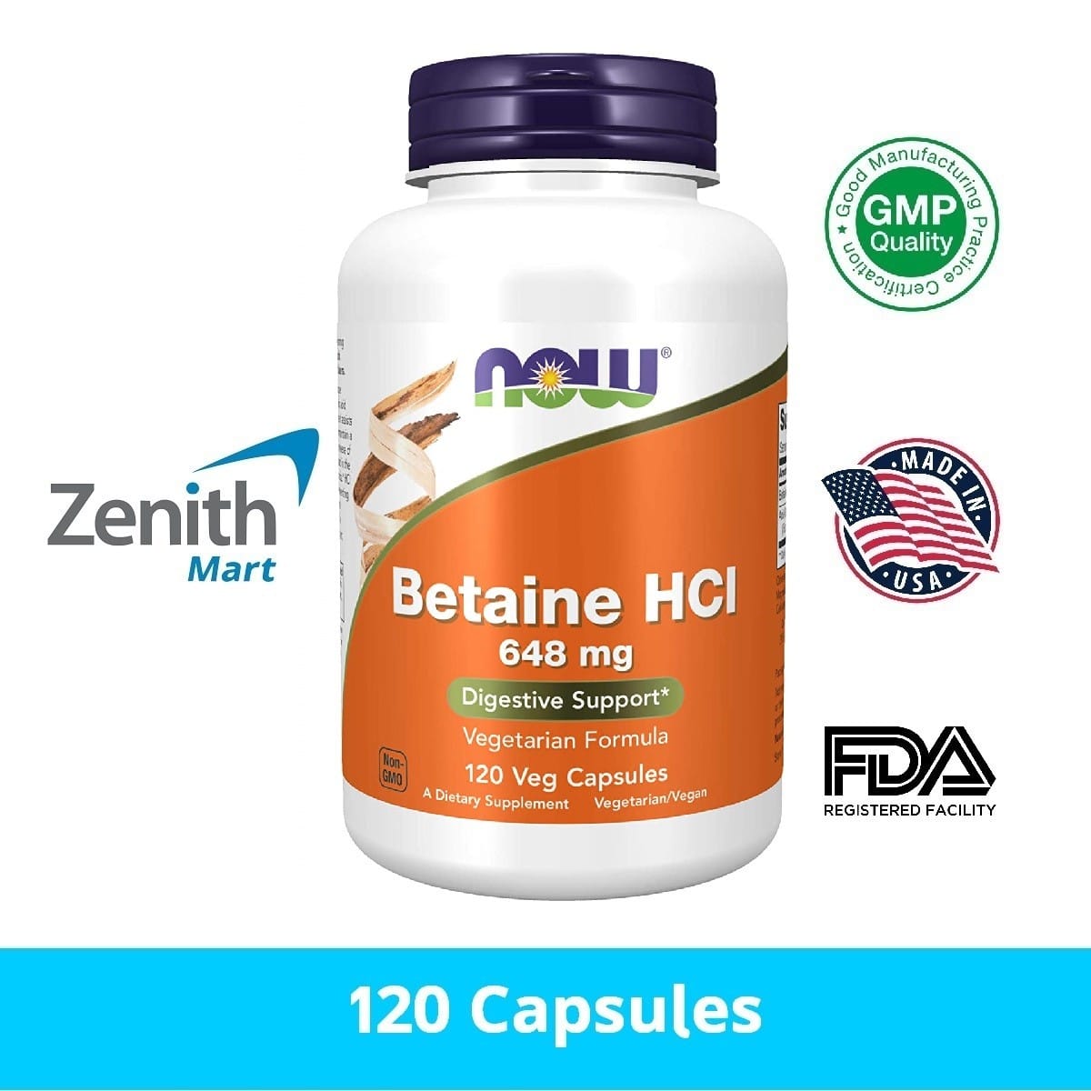 NOW Foods Betaine HCl 648 mg Digestive Support – 120 Capsules - Zenith Mart
