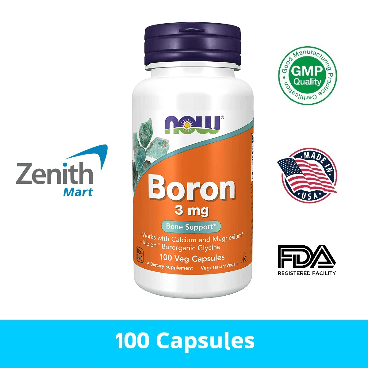 NOW Foods Boron 3mg – 100 Capsules - Zenith Mart