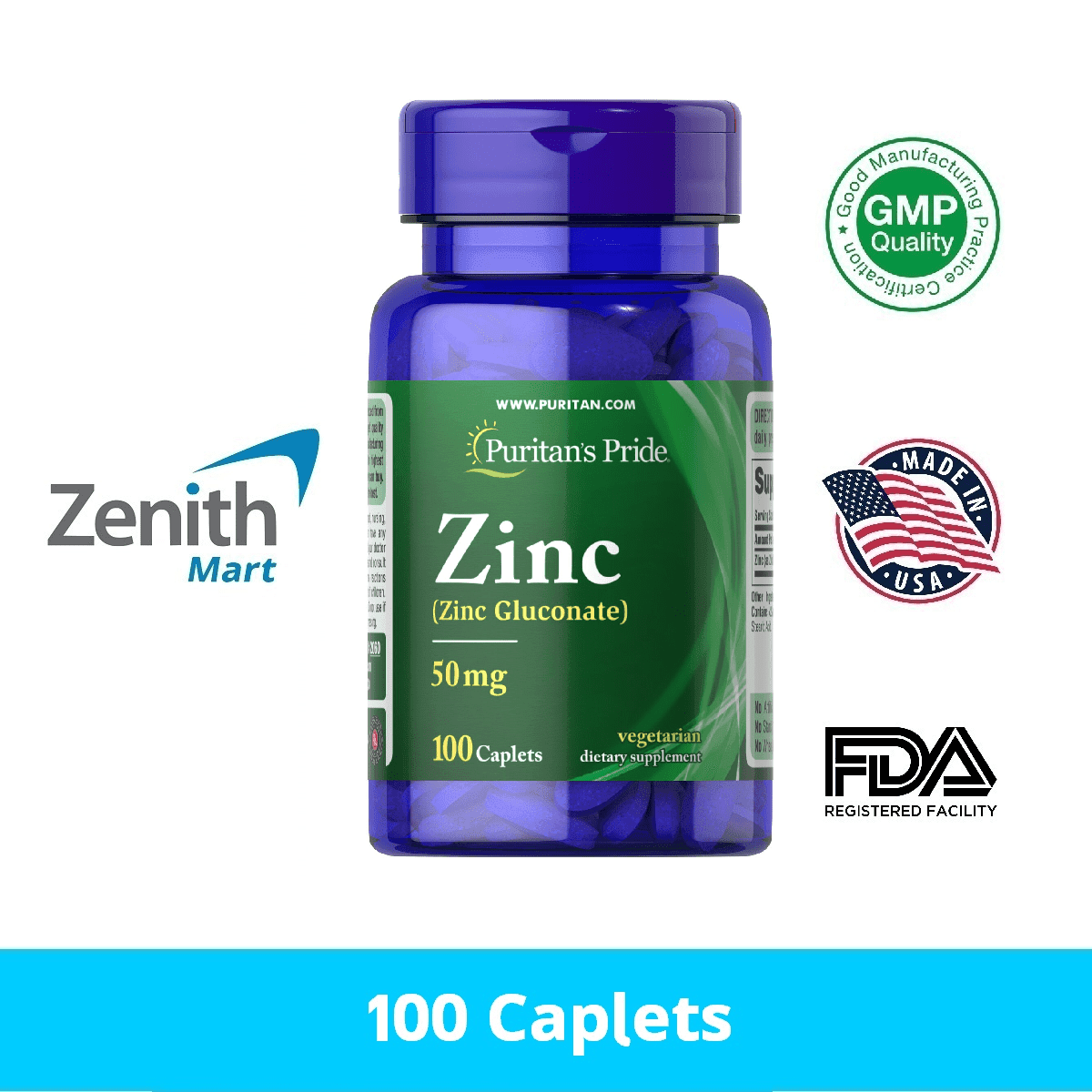 Puritan’s Pride Zinc 50 mg – 100 Caplets - Zenith Mart