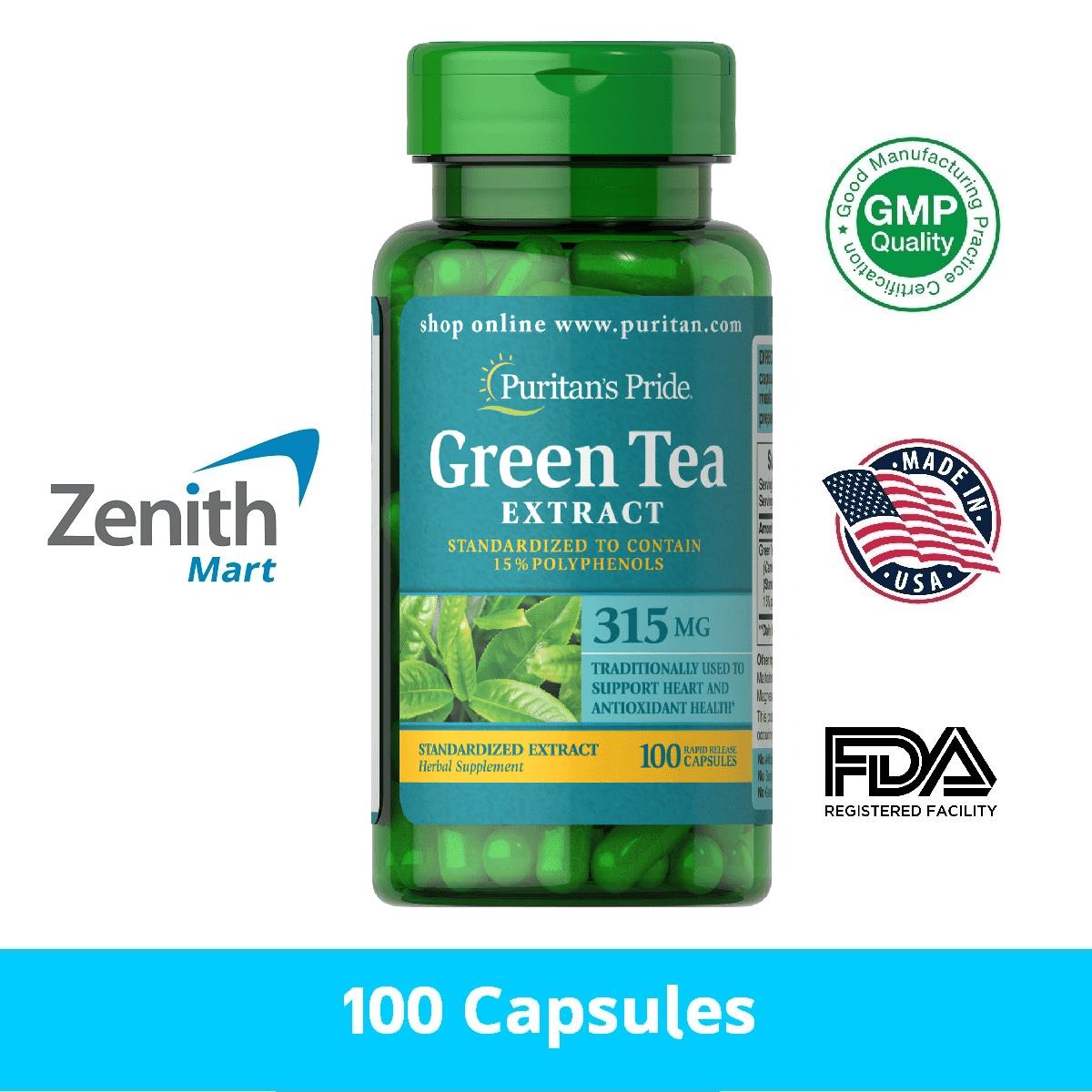 Puritan’s Pride Green Tea Standardized Extract 315 mg – 100 Capsules ...